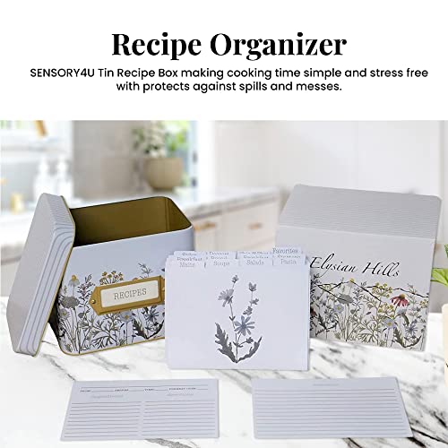 SENSORY4U Tin Recipe Box - Includes 100 4X6 Cards, 12 Dividers - Beautiful Decorative Tin Box Gift Set (Wild Flower)