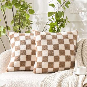 wacomeco decorative throw pillow covers - soft sherpa checkerboard cushion covers faux fur pillow cases for sofa bedroom livingroom car, 18 x 18 in, khaki and off white