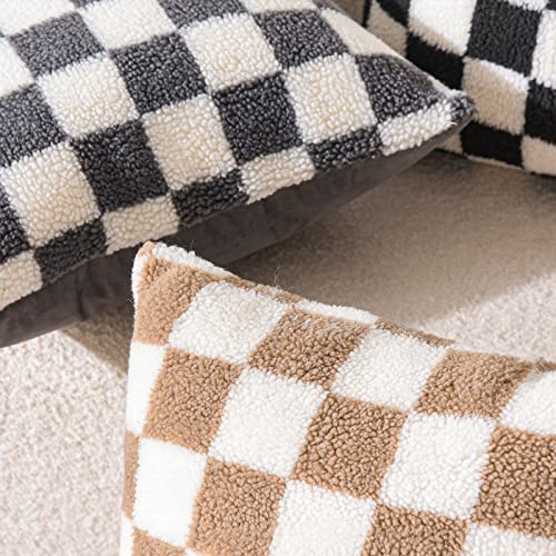 WACOMECO Decorative Throw Pillow Covers - Soft Sherpa Checkerboard Cushion Covers Faux Fur Pillow Cases for Sofa Bedroom Livingroom Car, 18 x 18 in, Khaki and Off White