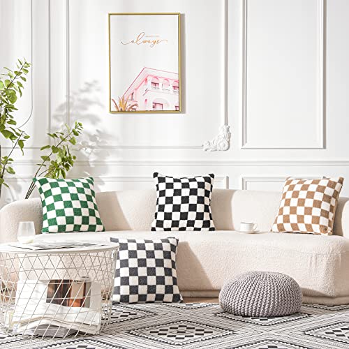 WACOMECO Decorative Throw Pillow Covers - Soft Sherpa Checkerboard Cushion Covers Faux Fur Pillow Cases for Sofa Bedroom Livingroom Car, 18 x 18 in, Khaki and Off White