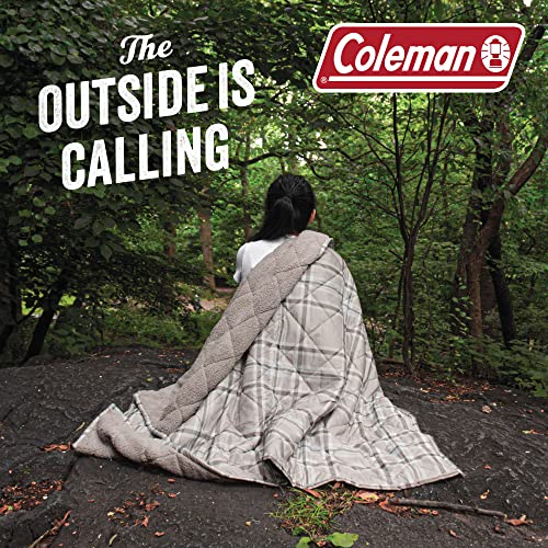 Cathay Home Coleman Indoor Outdoor Reversible Water Resistant and Sherpa Throw Blanket 50x60 Inch, Taupe (CMTH107)