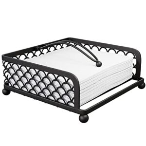 elegant flat paper napkin holder with dispenser arm - napkin holders for table, kitchen, countertops & outdoor tables - square metal lattice basket dinner napkin holder -napkins dispenser (black)