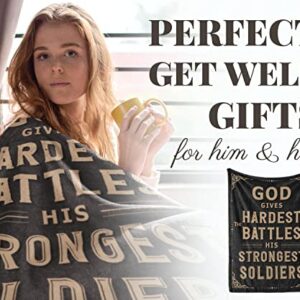 InnoBeta Get Well Gifts for Women, Men, Surgery Gifts for Friends with Cancer, Chemo Patients, Flannel Throw Blanket - 50"x 65", God Gives The Hardest Battles to His Strongest Soldiers