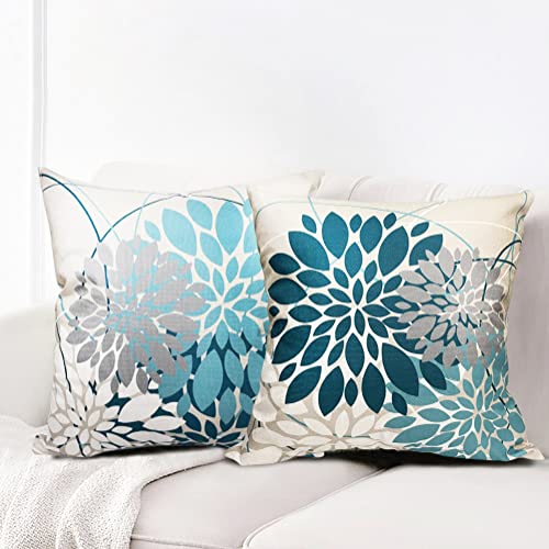 Teal Blue Decorative Throw Pillow Covers 18x18 Inch Pillow Covers for Couch Living Room Bedroom Outdoor,Modern Sofa Throw Pillow Cover,Farmhouse Geometric Floral Linen Square Pillow Case,Set of 2