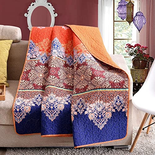 Exclusivo Mezcla Cotton Boho Stripe Quilted Throw Blanket, Reversible Colorful Printed Quilt Blanket, 50X60 Inch, Machine Washable and Dryable