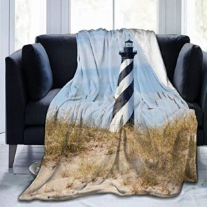 blanket，cape hatteras lighthouse towers over beach dunes ultra-soft micro fleece throw blanket flannel blankets for couch bed living room 50"x 40"