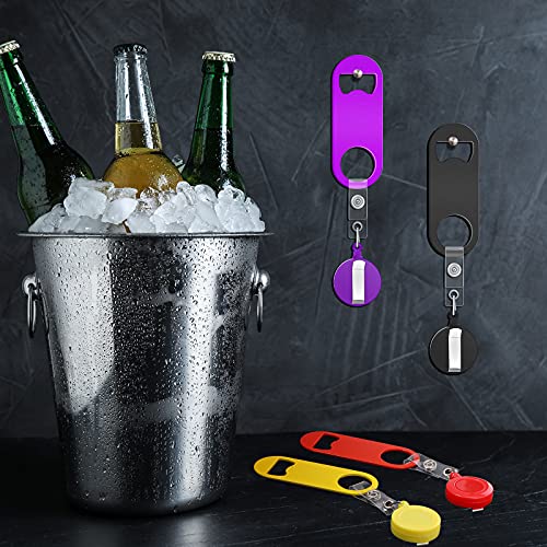 8 Pieces Flat Bottle Opener Retractable Beer Opener Bartender Beer Bottle Opener Mini Bottle Opener and 8 Pieces Round Badge Reel Badge Clips Holder for Kitchen Restaurant Home Anniversaries Supplies