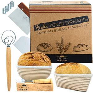 shori bake bread banneton proofing basket set of 2 round 9 inch & 9.6 inch oval + sourdough bread making tools kit, baking gifts for bakers, liner, bread lame, bowl & dough scraper, danish dough whisk