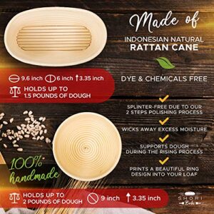 Shori Bake Bread Banneton Proofing Basket Set of 2 Round 9 Inch & 9.6 Inch Oval + Sourdough Bread Making Tools Kit, Baking Gifts for Bakers, Liner, Bread Lame, Bowl & Dough Scraper, Danish Dough Whisk