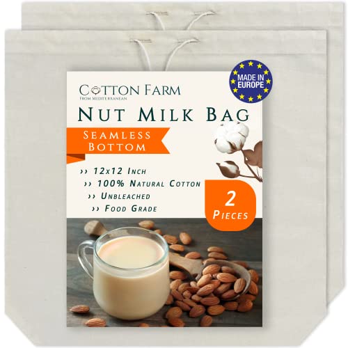 Cotton Farm – Nut Milk Bag – XL 12x12 Inch, Commercial Grade – “Seamless” Bottom Design- All Purpose Strainer, 100% Unbleached Cotton, Washable & Reusable… (2)