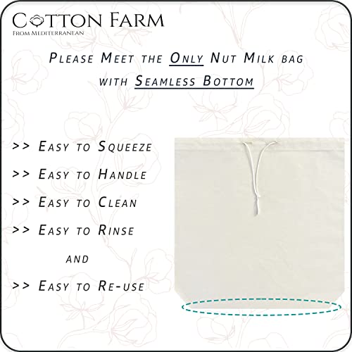 Cotton Farm – Nut Milk Bag – XL 12x12 Inch, Commercial Grade – “Seamless” Bottom Design- All Purpose Strainer, 100% Unbleached Cotton, Washable & Reusable… (2)