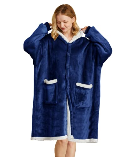 PLOTMOND Oversized Wearable Blanket Hoodie, Flannel Blanket Sweatshirt for Women Men, Comfy Blanket Hoodie with Button,Pocket