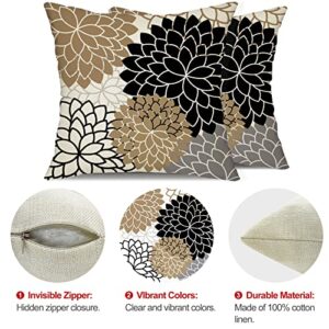 DFXSZ Outdoor Pillow Covers 18x18 inch Set of 2 Black Brown Summer Floral Outdoor Decorative Throw Pillows Flower Pillowcase Square Linen Cushion Case Decor for Home Sofa Couch Bed