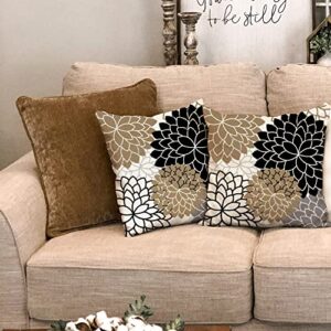 DFXSZ Outdoor Pillow Covers 18x18 inch Set of 2 Black Brown Summer Floral Outdoor Decorative Throw Pillows Flower Pillowcase Square Linen Cushion Case Decor for Home Sofa Couch Bed