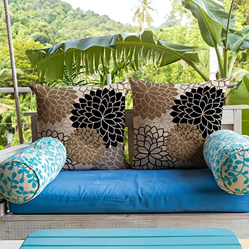 DFXSZ Outdoor Pillow Covers 18x18 inch Set of 2 Black Brown Summer Floral Outdoor Decorative Throw Pillows Flower Pillowcase Square Linen Cushion Case Decor for Home Sofa Couch Bed