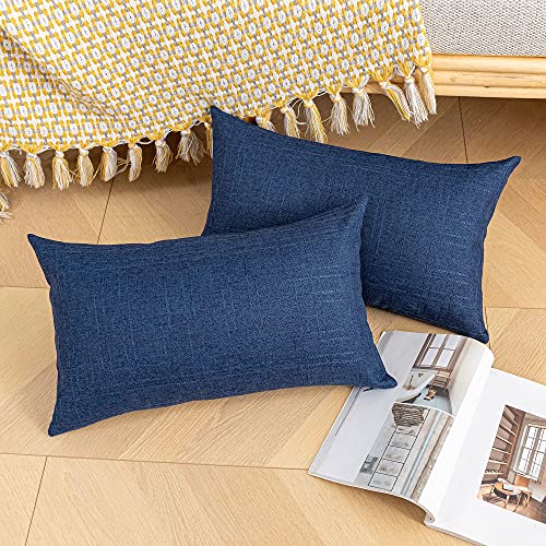 Kevin Textile Pack of 2 Decorative Outdoor Waterproof Throw Pillow Covers Checkered Lumbar Pillowcases Classic Cushion Cases for Patio Couch Bench 12 x 20 Inch Blue