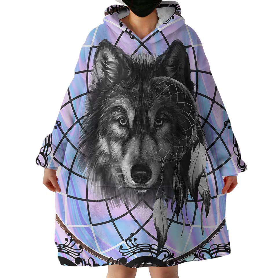 Sleepwish Black Wolf Wearable Blanket Ombre Sherpa Fleece Blanket Hoodie Warm Thick Hooded Sweatshirt Hoodie Blanket Jacket for Boys Teenagers Teens Girls (Adults 63" x 39")