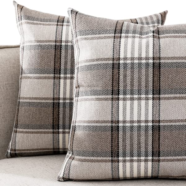 CARRIE HOME Brown Plaid Pillow Covers 18x18 Set of 2 Farmhouse Plaid Decorative Throw Pillows for Living Room Couch Sofa