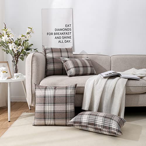 CARRIE HOME Brown Plaid Pillow Covers 18x18 Set of 2 Farmhouse Plaid Decorative Throw Pillows for Living Room Couch Sofa