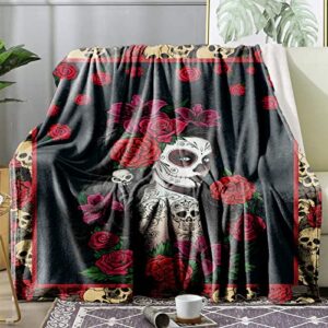 day of the dead sugar skull blanket rose flowers throw fleece blankets rug soft for gift bed sofa 60"x50" lightweight flannel blanket bedding