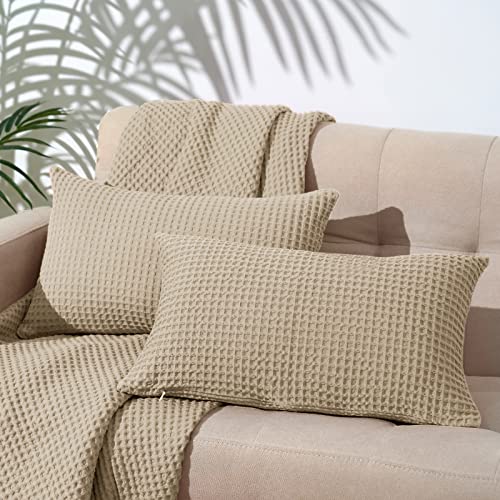 PHF 100% Cotton Waffle Weave Lumbar Pillow Cover 12" x 20", 2 Pack Elegant Home Decorative Rectangle Throw Pillow Covers for Bed Couch Sofa, Khaki (No Insert)