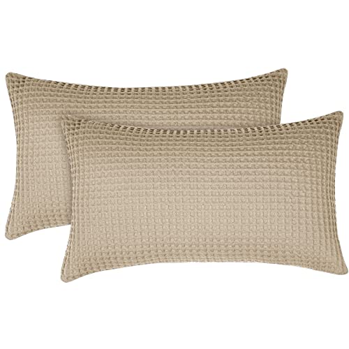 PHF 100% Cotton Waffle Weave Lumbar Pillow Cover 12" x 20", 2 Pack Elegant Home Decorative Rectangle Throw Pillow Covers for Bed Couch Sofa, Khaki (No Insert)