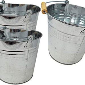 Large 2 Gallon Metal Bucket (3 Pack) Pail Tins Silver W/Wood Handle for Gifts Basket, Ice, Beer or Candy – 10” top x 9” h x 7.5” Bottom