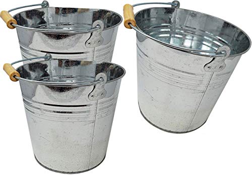 Large 2 Gallon Metal Bucket (3 Pack) Pail Tins Silver W/Wood Handle for Gifts Basket, Ice, Beer or Candy – 10” top x 9” h x 7.5” Bottom