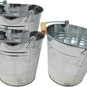 Large 2 Gallon Metal Bucket (3 Pack) Pail Tins Silver W/Wood Handle for Gifts Basket, Ice, Beer or Candy – 10” top x 9” h x 7.5” Bottom