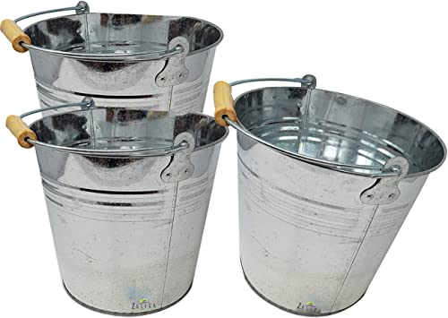 Large 2 Gallon Metal Bucket (3 Pack) Pail Tins Silver W/Wood Handle for Gifts Basket, Ice, Beer or Candy – 10” top x 9” h x 7.5” Bottom