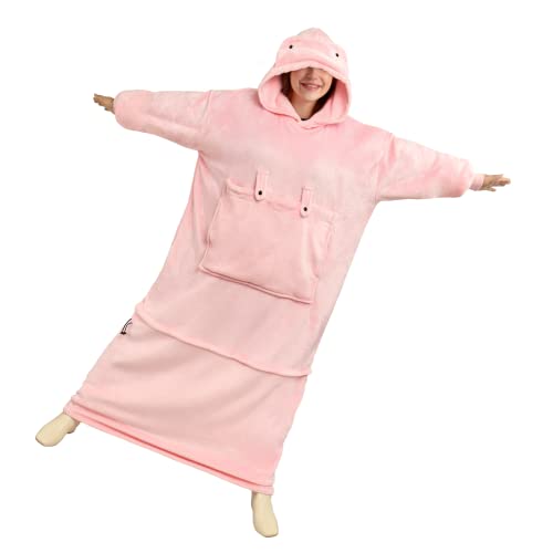 Iplusmall Super Warm Wearable Blanket Hoodie, Adjustable Length Flannel Hooded Snuggies Sherpa One Size Fits All, Oversized Blanket with Giant Pocket Zipper for Adult Kids Women as A Gift, Pink