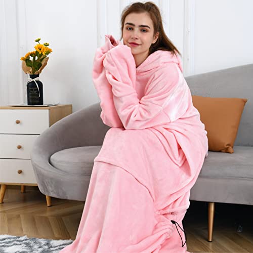 Iplusmall Super Warm Wearable Blanket Hoodie, Adjustable Length Flannel Hooded Snuggies Sherpa One Size Fits All, Oversized Blanket with Giant Pocket Zipper for Adult Kids Women as A Gift, Pink