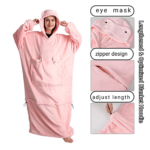 Iplusmall Super Warm Wearable Blanket Hoodie, Adjustable Length Flannel Hooded Snuggies Sherpa One Size Fits All, Oversized Blanket with Giant Pocket Zipper for Adult Kids Women as A Gift, Pink