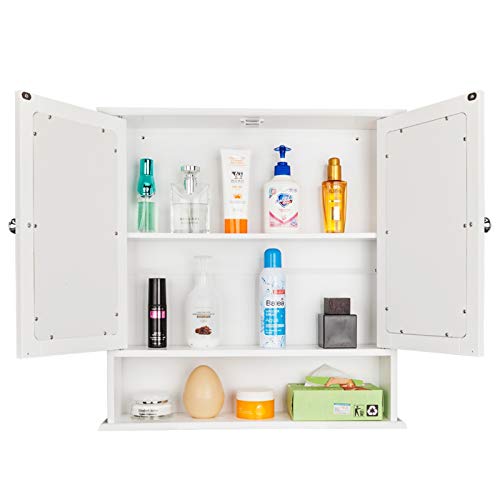 HomVent Bathroom Wall Mirror Cabinet Medicine Over The Vanity Space Saver Storage Cabinet,White Wall Mounted Cabinet with Double Door and Shelves MDF Board