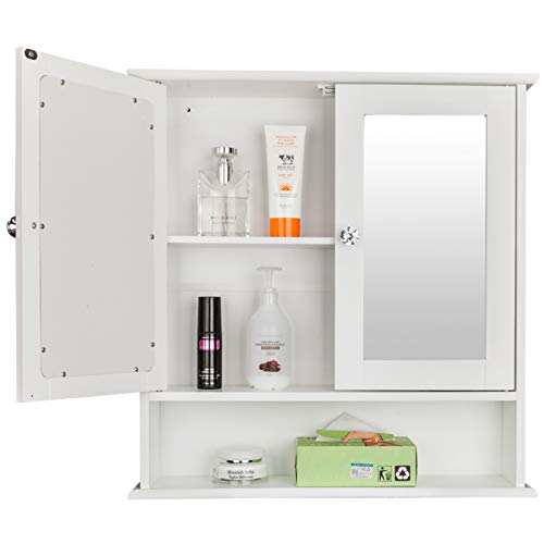 HomVent Bathroom Wall Mirror Cabinet Medicine Over The Vanity Space Saver Storage Cabinet,White Wall Mounted Cabinet with Double Door and Shelves MDF Board