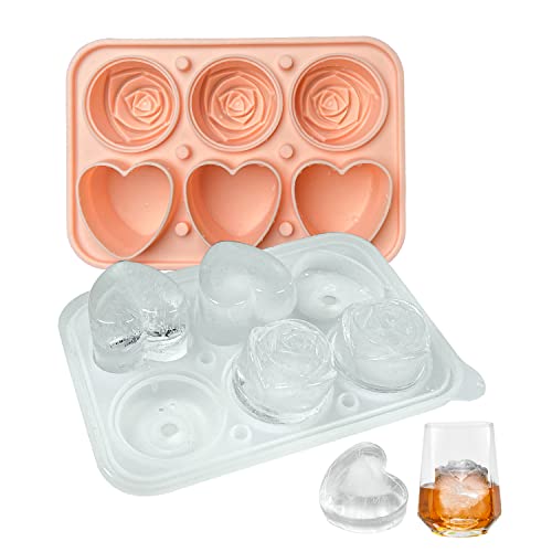 Rose Ice Cube Mold, Heart Shape Ice Cube Tray, Fun Silicone Ice Mold with Clear Funnel-type Lid, 3 Heart & 3 Rose Shape Ice Balls for Chilling Whiskey Cocktails Drinks, Pink