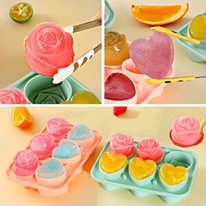 Rose Ice Cube Mold, Heart Shape Ice Cube Tray, Fun Silicone Ice Mold with Clear Funnel-type Lid, 3 Heart & 3 Rose Shape Ice Balls for Chilling Whiskey Cocktails Drinks, Pink