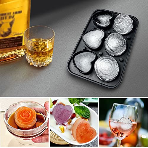 Rose Ice Cube Mold, Heart Shape Ice Cube Tray, Fun Silicone Ice Mold with Clear Funnel-type Lid, 3 Heart & 3 Rose Shape Ice Balls for Chilling Whiskey Cocktails Drinks, Pink