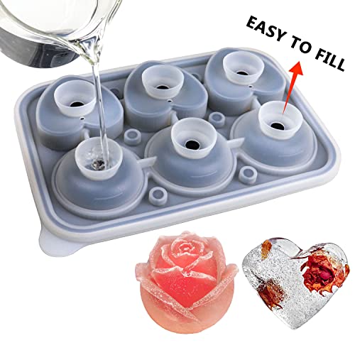 Rose Ice Cube Mold, Heart Shape Ice Cube Tray, Fun Silicone Ice Mold with Clear Funnel-type Lid, 3 Heart & 3 Rose Shape Ice Balls for Chilling Whiskey Cocktails Drinks, Pink