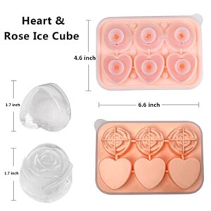 Rose Ice Cube Mold, Heart Shape Ice Cube Tray, Fun Silicone Ice Mold with Clear Funnel-type Lid, 3 Heart & 3 Rose Shape Ice Balls for Chilling Whiskey Cocktails Drinks, Pink