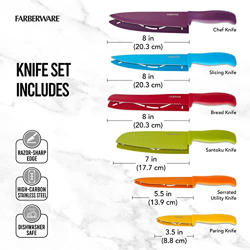 Farberware 12-Piece Non-Stick Resin, Dishwasher-Safe Kitchen Knife Set with Custom-Fit Blade Covers, Razor-Sharp, Multicolor