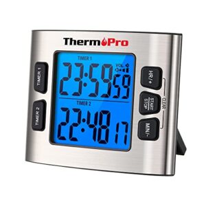 thermopro tm02 digital kitchen timer with dual countdown stop watches timer/magnetic timer clock with adjustable loud alarm and backlight lcd big digits/ 24 hour digital timer for kids teachers