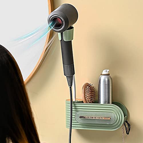 Longjet Hair Dryer Holder Wall Mounted, 360 Degree Rotating Blow Dryer Stand Hand Free, with Hair Tool Organizer Storage Box (Light Green)