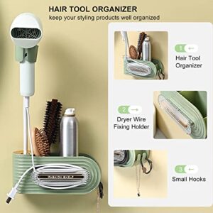 Longjet Hair Dryer Holder Wall Mounted, 360 Degree Rotating Blow Dryer Stand Hand Free, with Hair Tool Organizer Storage Box (Light Green)