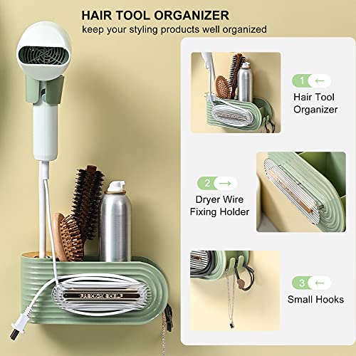 Longjet Hair Dryer Holder Wall Mounted, 360 Degree Rotating Blow Dryer Stand Hand Free, with Hair Tool Organizer Storage Box (Light Green)