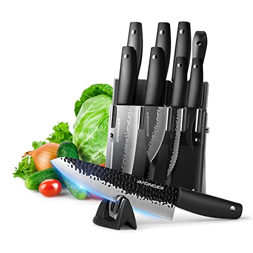 Bfonder Kitchen Knife Set with Block, 11PCS Chef Knife Set with Sharpener, Japanese Stainless Steel Knife Block Set for Kitchen with Acrylic Stand, Black