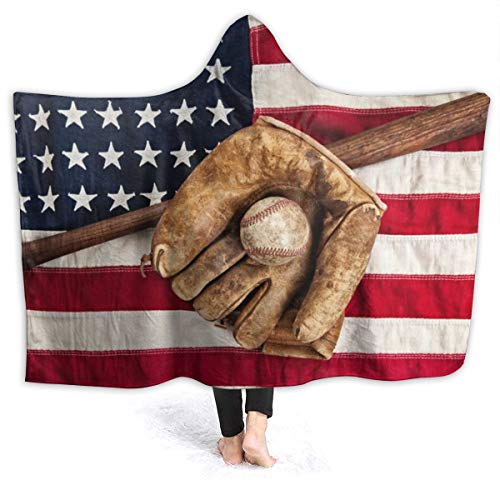 Vintage Baseball On American Flag Hoodie Blanket Wearable Throw Blankets for Couch Blanket Hooded for Baby Kids Men Women