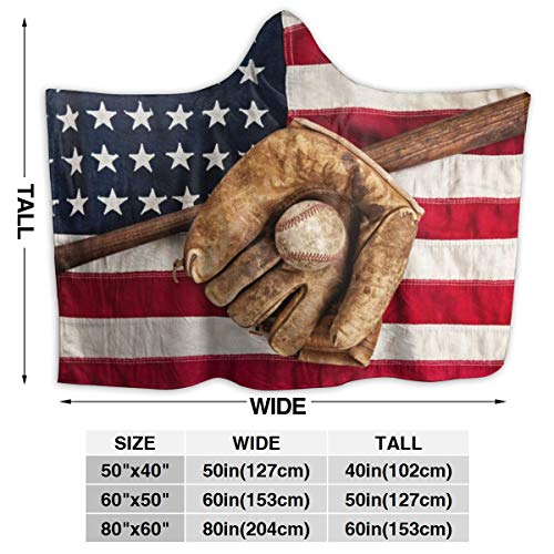 Vintage Baseball On American Flag Hoodie Blanket Wearable Throw Blankets for Couch Blanket Hooded for Baby Kids Men Women