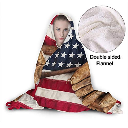 Vintage Baseball On American Flag Hoodie Blanket Wearable Throw Blankets for Couch Blanket Hooded for Baby Kids Men Women