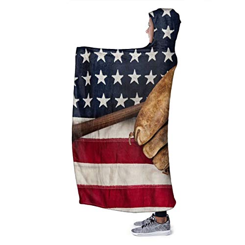 Vintage Baseball On American Flag Hoodie Blanket Wearable Throw Blankets for Couch Blanket Hooded for Baby Kids Men Women